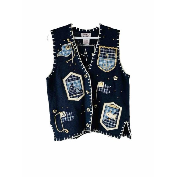Vintage | Sweaters | Vtg 9s Lighthouse Nautical Patchwork Knit Cardigan ...